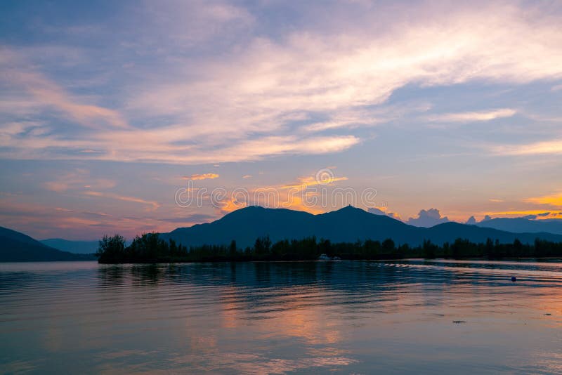 Dramatic Panorama Evening Sky and Clouds Over Mountain and Lake at ...