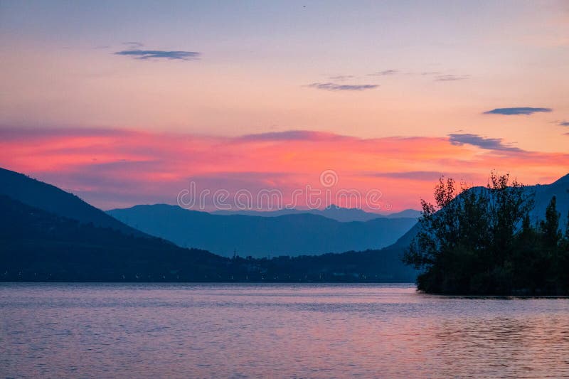 Dramatic Panorama Evening Sky and Clouds Over Mountain and Lake at ...