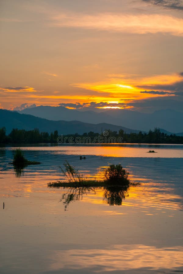 Dramatic Panorama Evening Sky and Clouds Over Mountain and Lake at ...