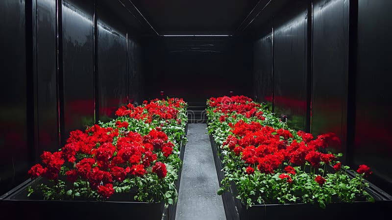 Dramatic Pathway Lined with Vibrant Red Flowers in a Modern Dark ...