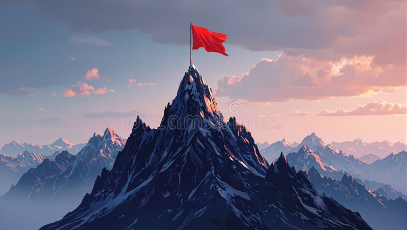 Dramatic Peak with Red Flag Under Evening Sky Stock Illustration ...