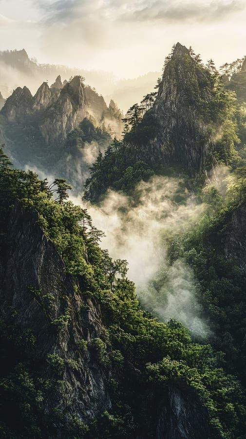 Dramatic Peaks Rise through Dense Fog in Mountain Range Stock ...
