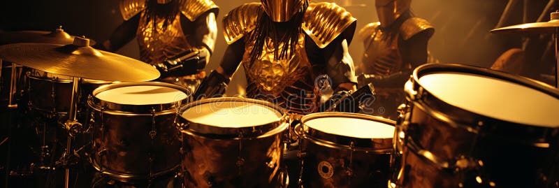 Dramatic Performance by Musicians in Golden Armor Playing Drums on a ...
