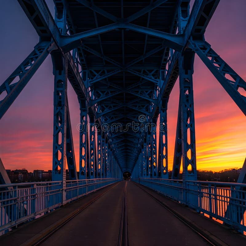 A Dramatic Perspective of a Blue Iron Bridge Stock Illustration ...