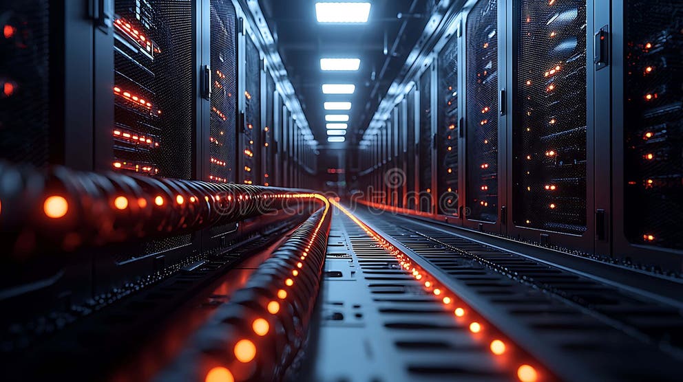 Dramatic Perspective Down a Futuristic Server Room Corridor Stock ...