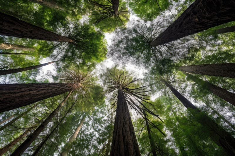 Dramatic Perspective of Redwood Tree Trunks Reaching Skyward Stock ...