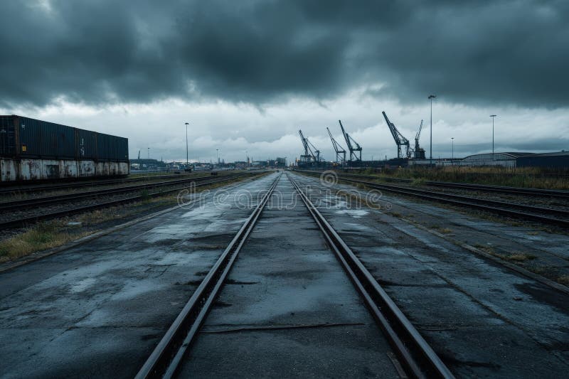 Dramatic Perspective of Train Tracks Leading To an Industrial Port with ...