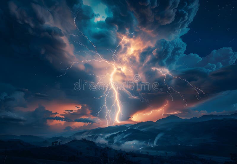 Dramatic Lightning Storm Over Mountains Stock Illustration ...