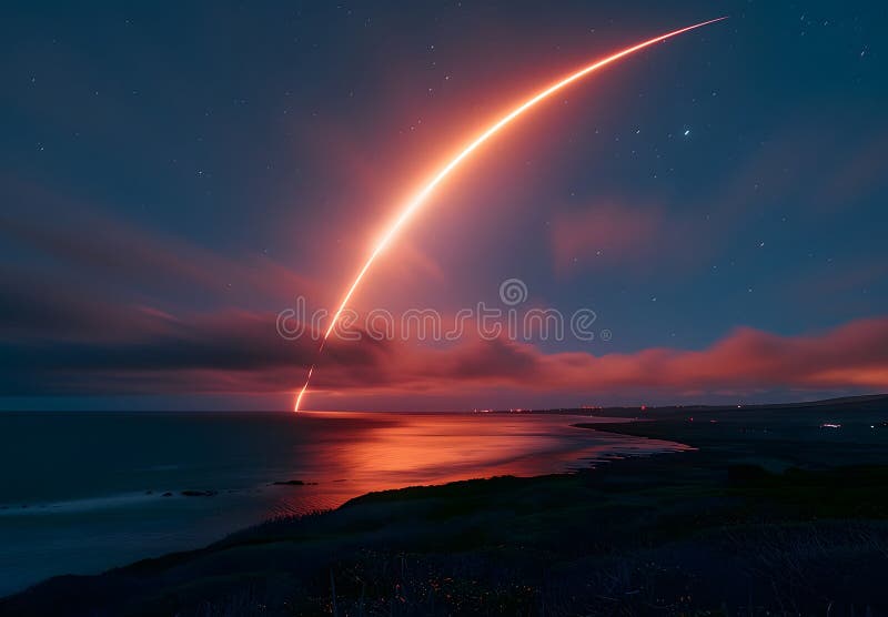 Rocket Launch Trail Over Coastal Night Sky Stock Illustration ...