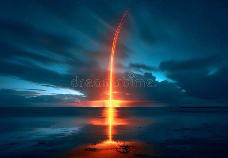 Dramatic Rocket Launch Light Trail Over Ocean Stock Illustration ...