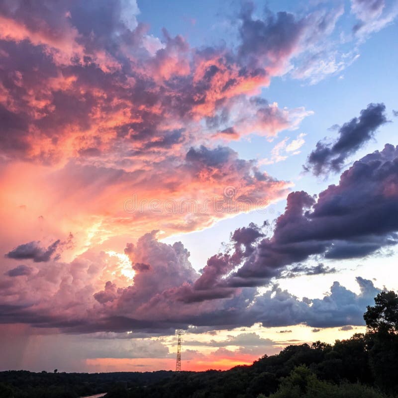 Dramatic Pink and Blue Sky Clouds at Sunset Stock Illustration ...