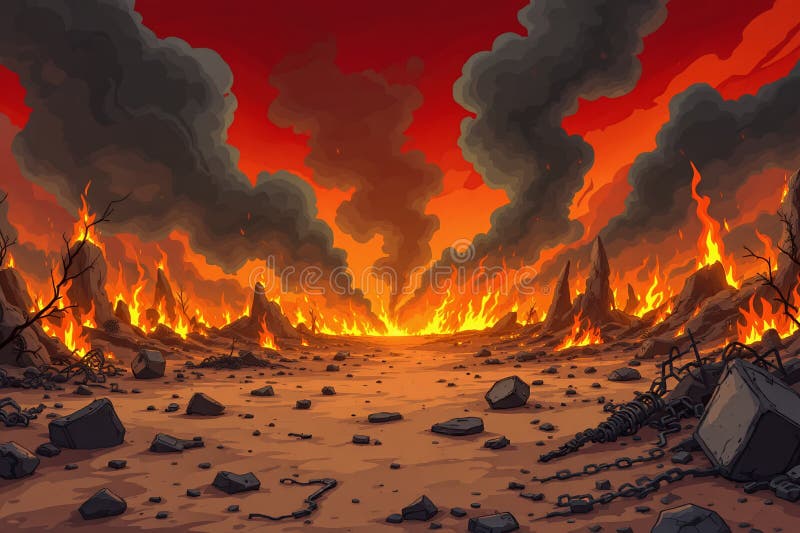 Dramatic Pixel Art Illustration of a Burning Hellscape with Intense ...