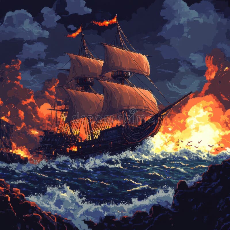 Dramatic Pixel Art of Ship Sailing through Turbulent Ocean Waves Stock ...