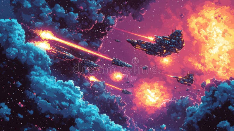 Dramatic Pixel Art Space Battle with Spaceships Lasers Explosions and ...