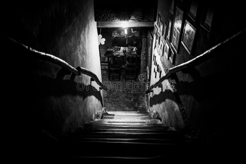 Dramatic Point of View of Scary Stairs from Upside into Darkness of ...
