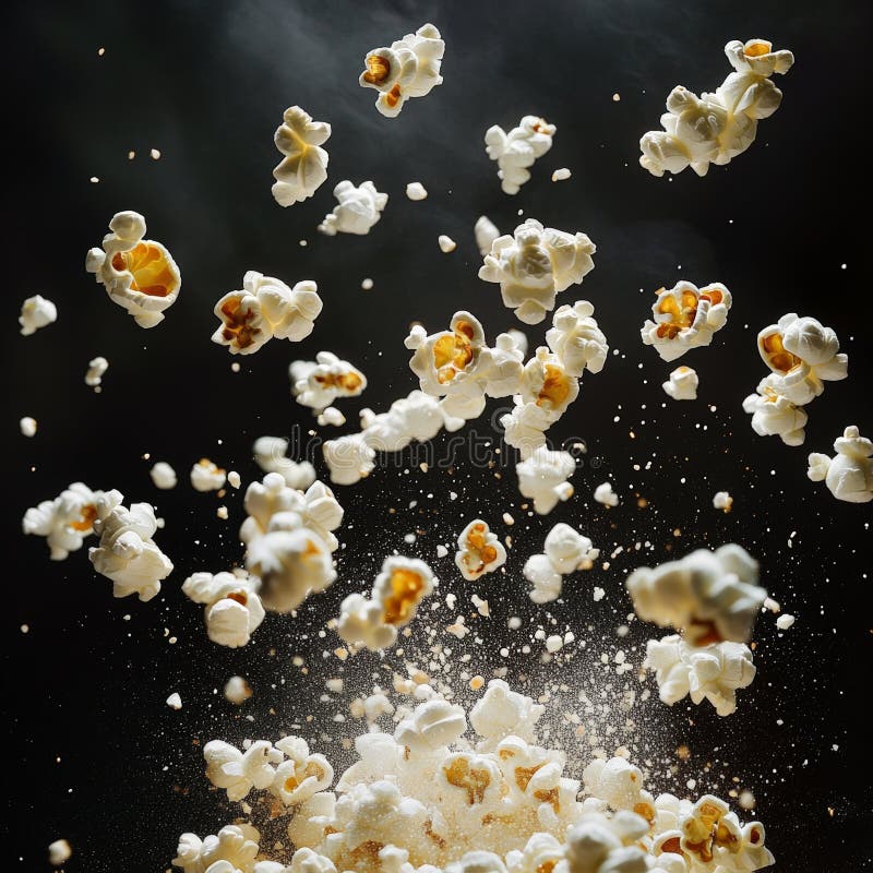 Dramatic Popcorn Explosion in Mid-Air Against Dark Background Stock ...