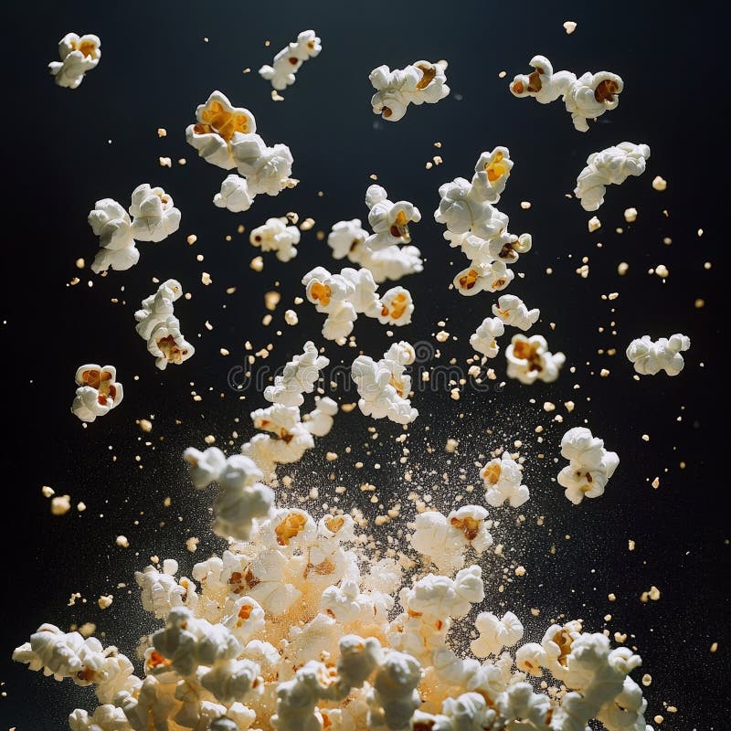 Dramatic Popcorn Explosion in Mid-Air Against Dark Background Stock ...