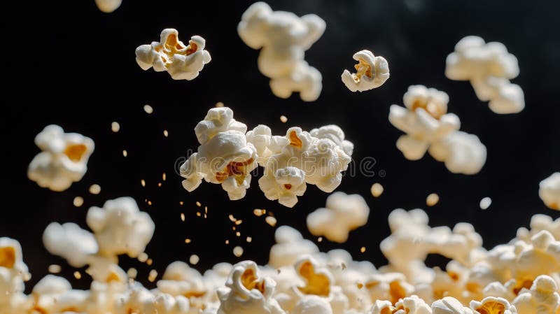 Dramatic Popcorn Explosion in Mid-Air Against Dark Background Stock ...