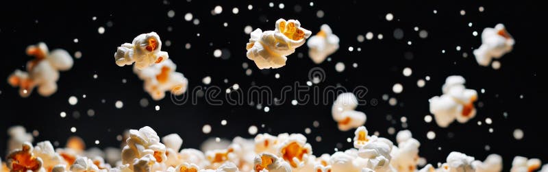 Dramatic Popcorn Explosion in Mid-Air Against Dark Background Stock ...