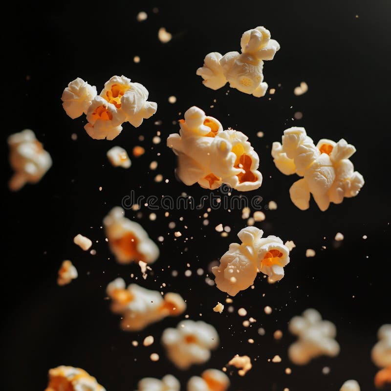 Dramatic Popcorn Explosion in Mid-Air Against Dark Background Stock ...