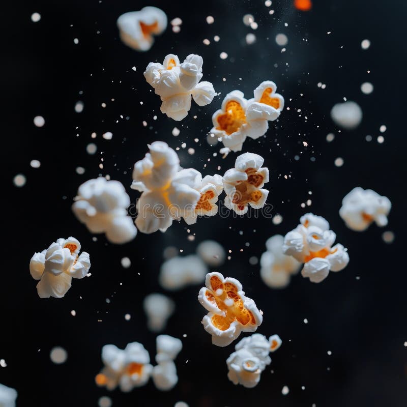 Dramatic Popcorn Explosion in Mid-Air Against Dark Background Stock ...
