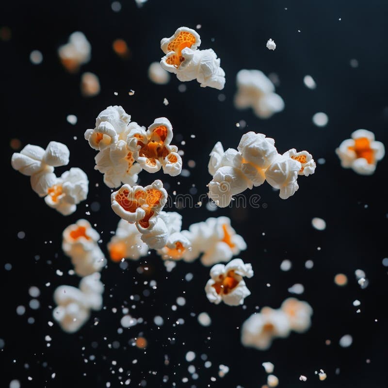Dramatic Popcorn Explosion in Mid-Air Against Dark Background Stock ...