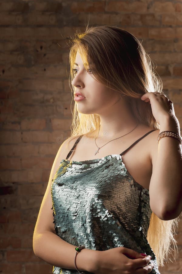 Dramatic Portrait of Young Pretty Model in the Dark Room with St Stock ...