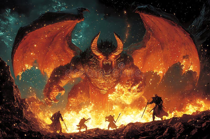 A Dramatic Portrayal of a Devil with Large Wings Unleashing Fire upon a ...