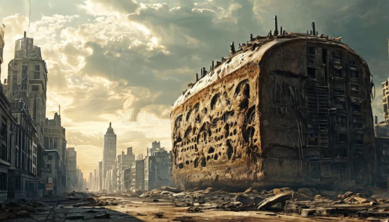 Post-apocalyptic Cityscape with a Colossal Decaying Structure Stock ...