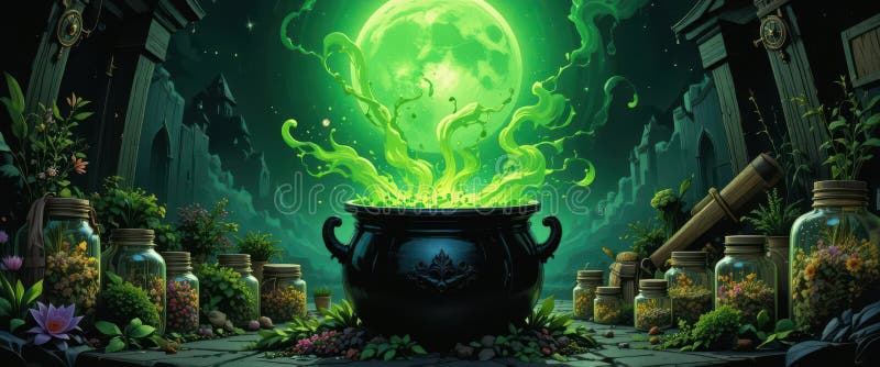 Dramatic Potion Cauldron Scene with Herbs, Flowers Lunar Glow in Comic ...
