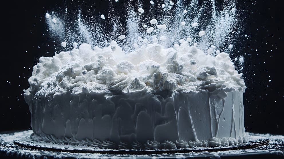 Dramatic Powdered Sugar Explosion on a Delicious White Cake Stock ...