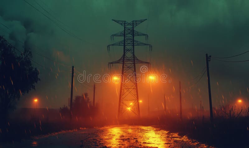 Dramatic Power Lines Under Heavy Rain with Glowing Streetlights at ...