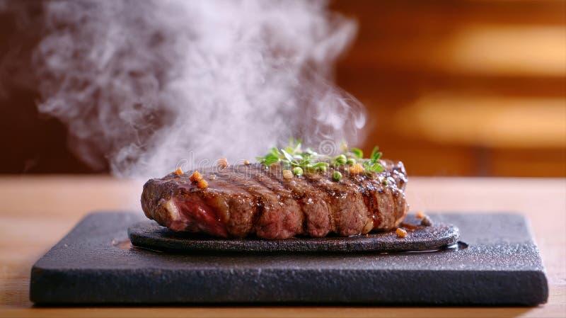 Dramatic Presentation of Steak Being Served on Hot Slate Stone with ...