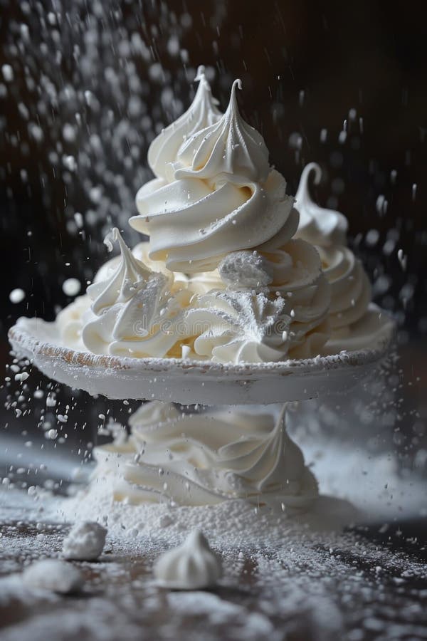 A Dramatic Presentation of White Meringues Dusted with Powdered Sugar ...