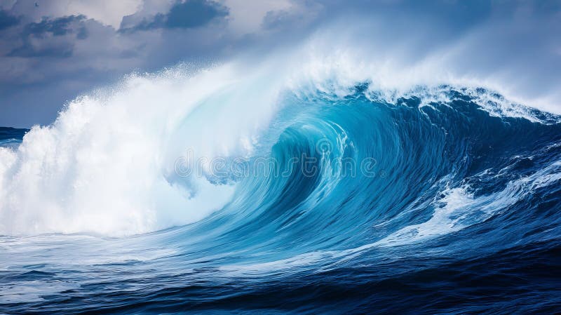 Dramatic Profile View of an Ocean Wave with Intense Blue Water Frothing ...