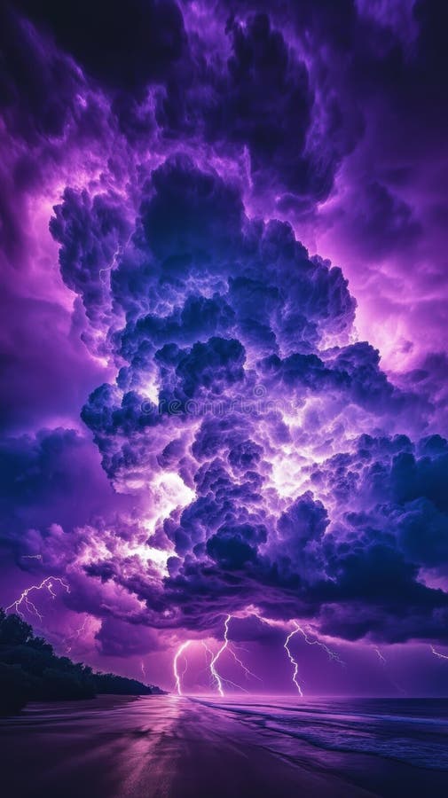 Dramatic Purple Storm Clouds with Lightning Over Ocean Beach Landscape ...