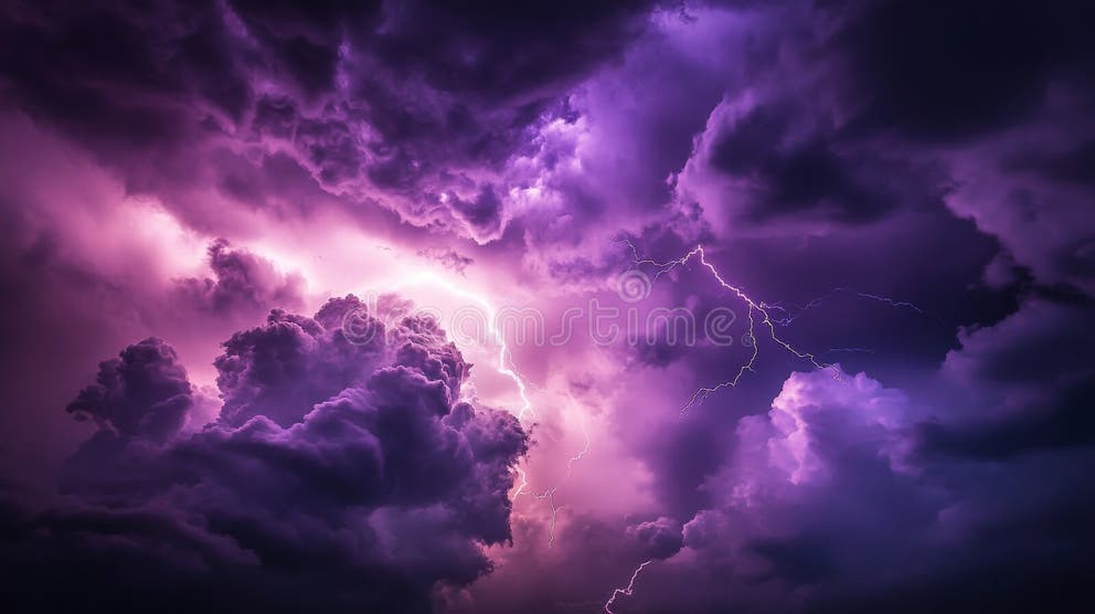 Dramatic Purple Storm Clouds with Lightning Strike, Intense Weather ...