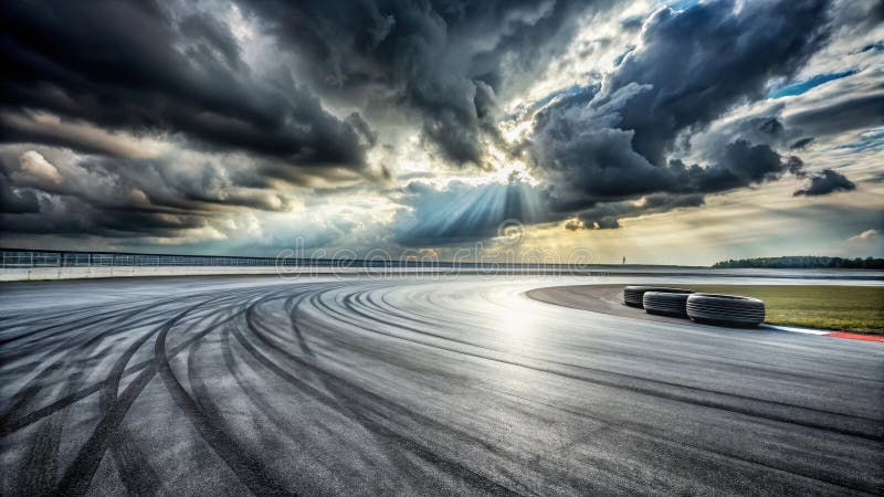 Dramatic Race Track Curve Under a Stormy Sky with Tire Marks and Sun ...