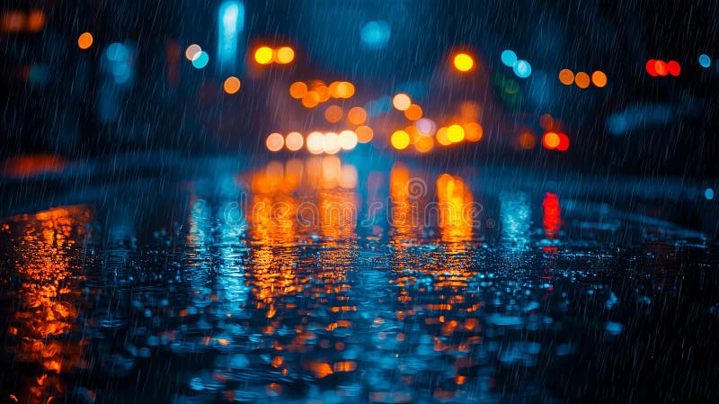 Dramatic Rain Droplets Creating Ripples in Puddles on a Dark, Moody ...