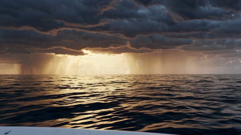 Dramatic Rain Falling on Ocean Surface Under Dark Clouds at Sunset ...