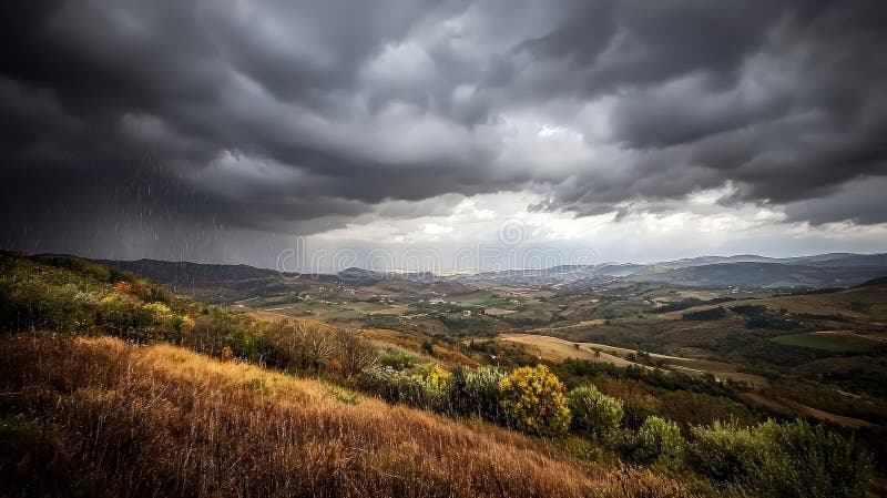 Dramatic Rain Over Autumnal Hills and Valleys Stock Photo - Image of ...