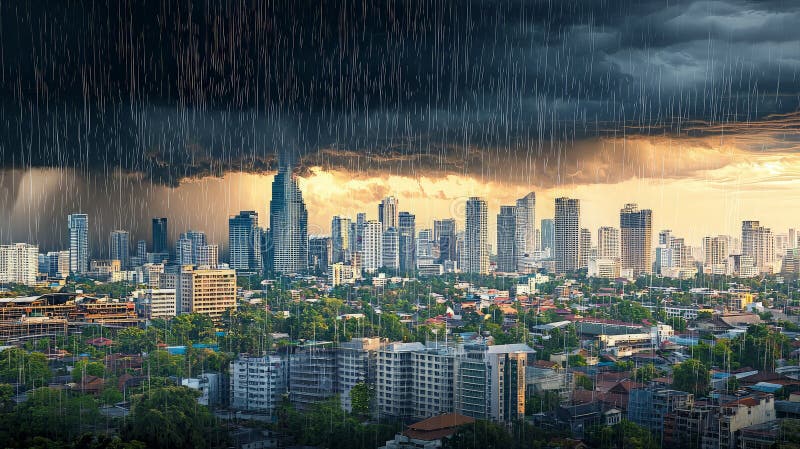 Dramatic Rain Over a City Skyline at Sunset Stock Image - Image of ...