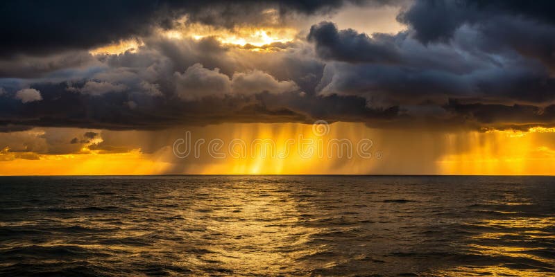 Dramatic Rain Shower Over the Deep Ocean at Sunset Nature Scene Serene ...