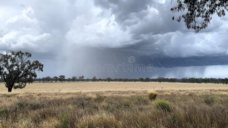 Dramatic Rain Shower Over Dry, Grassy Plains with Trees Stock Photo ...