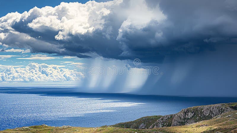Dramatic Rain Shower Over Ocean, Coastal Cliffs and Grassy Hills Under ...