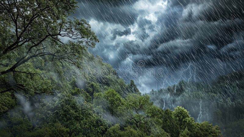 Dramatic Rain Storm Over Lush Green Forest Hills and Mountains Stock ...