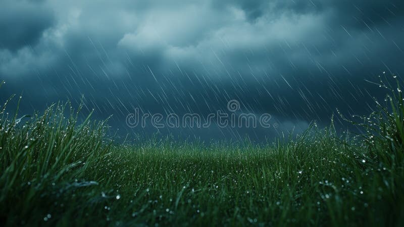 Dramatic Rainstorm Over Lush Green Grass Field with Dark Clouds and ...