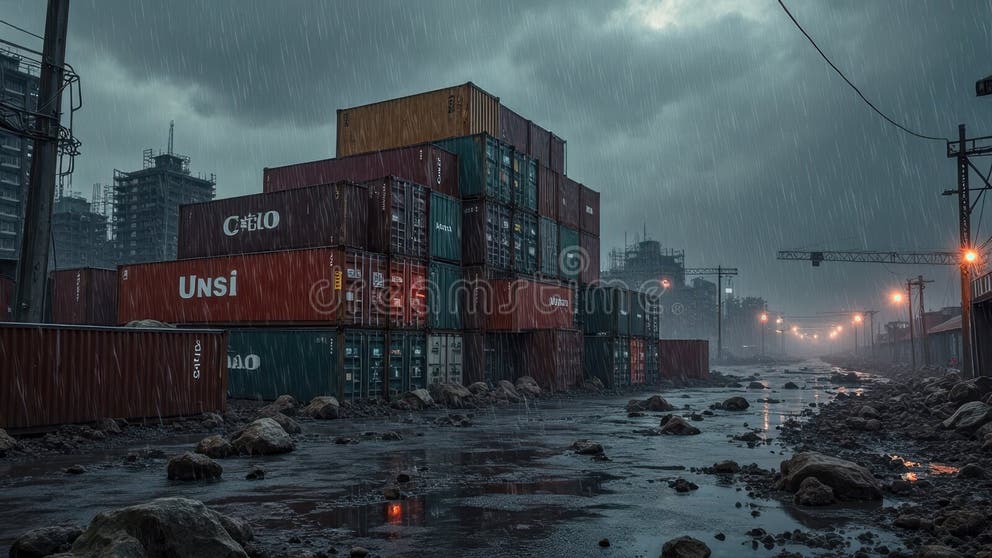 Dramatic Rainy Shipping Yard with Stacked Cargo Containers at Dusk ...