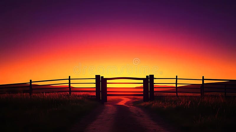 Dramatic Ranch Gate Silhouetted Against Fiery Orange Sunset, Creating ...