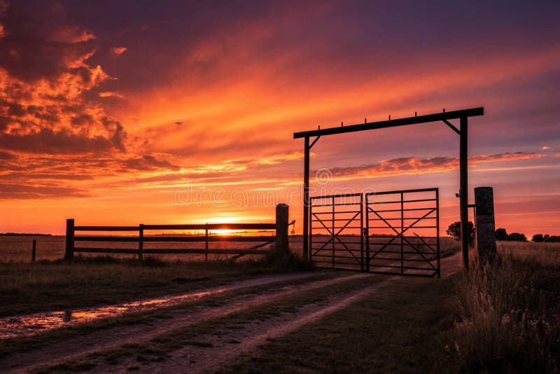 Dramatic Ranch Gate Silhouetted Against Fiery Orange Sunset, Creating ...